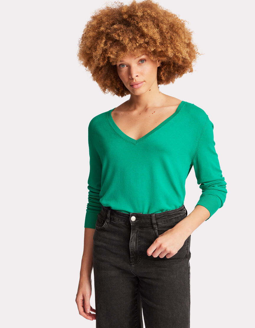 Pull en maille fine col V - vert émeraude | celio be camaïeu