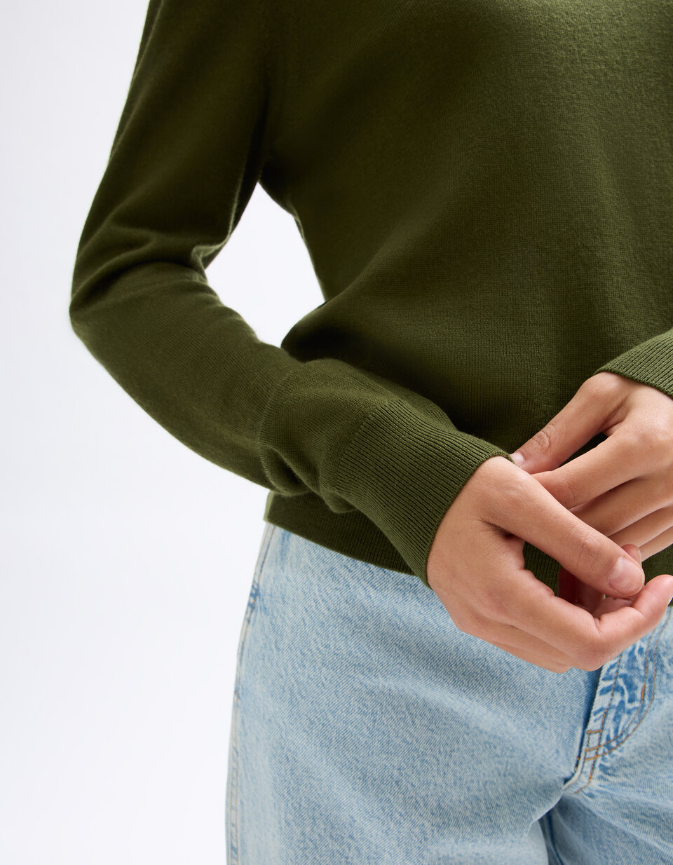 100% Merino Wool V-Neck Sweater - Green | celio be camaïeu