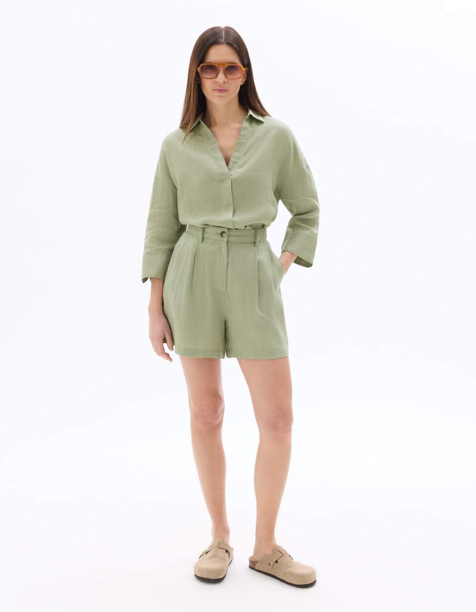 Short 100% lin à plis - vert | celio women