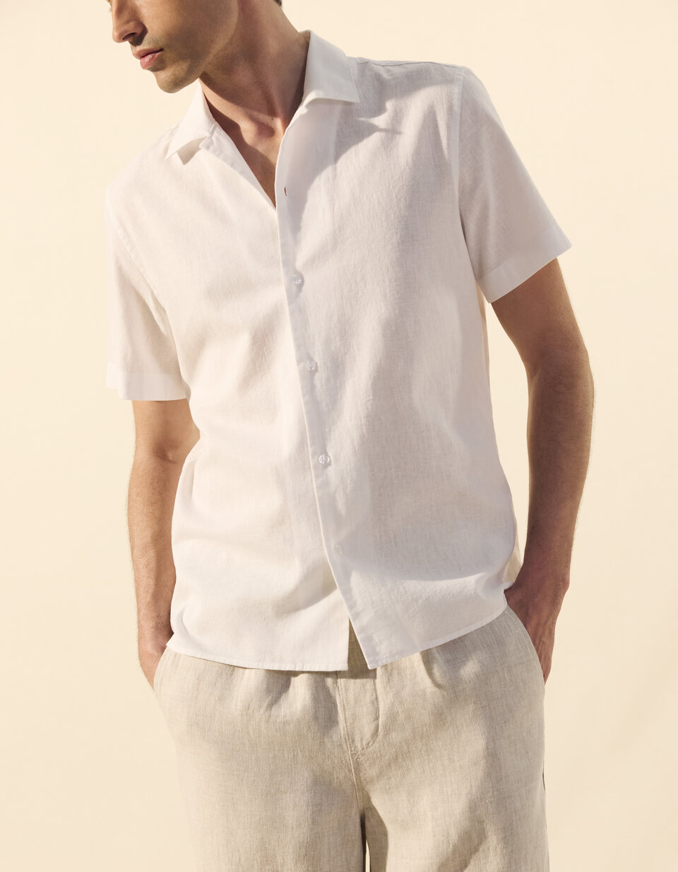 Camisa De Corte Regular De Lino Y Algodón Blanco Celio Be Normal