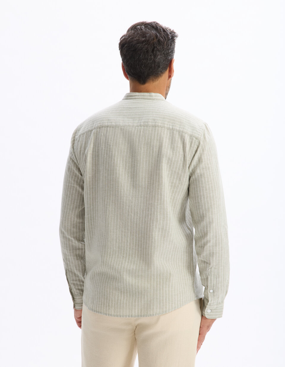 Chemise regular rayé col mao en lin et coton - sauge | celio be normal