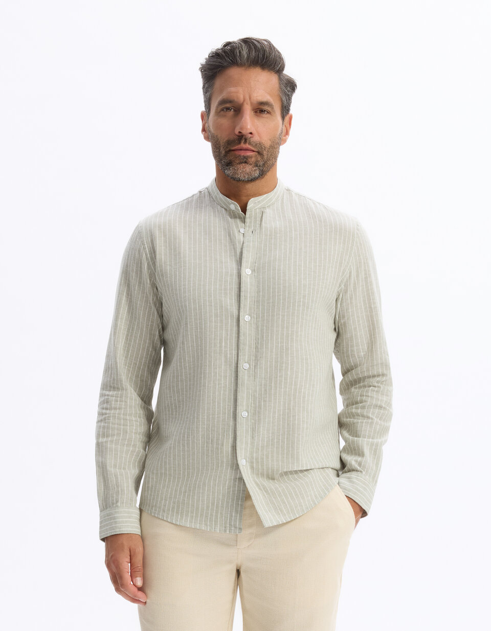 Chemise regular rayé col mao en lin et coton - sauge | celio be normal