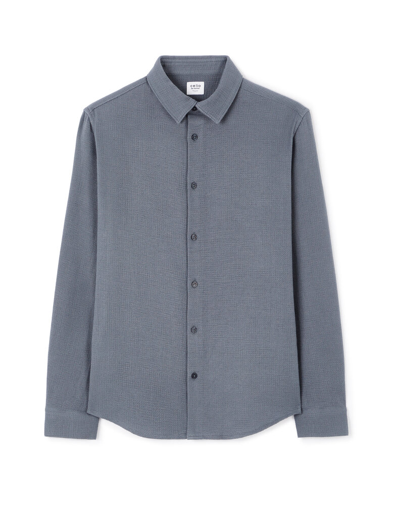 Camisa Regular De Hilo Jaspeado Y Flameado 100 Algodón Azul Celio