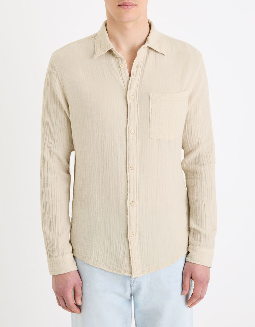 Camisa Regular Lisa En Gasa De Algodón Beige Celio Be Normal