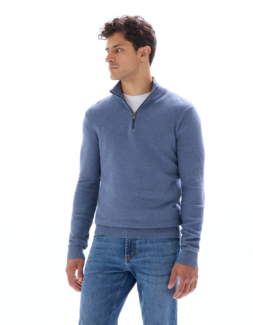 Suéter con cuello con cremallera, 100 % piqué de algodón, azul medio ...