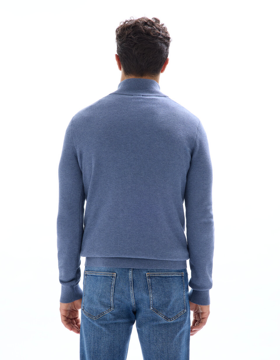 Suéter con cuello con cremallera, 100 % piqué de algodón, azul medio ...