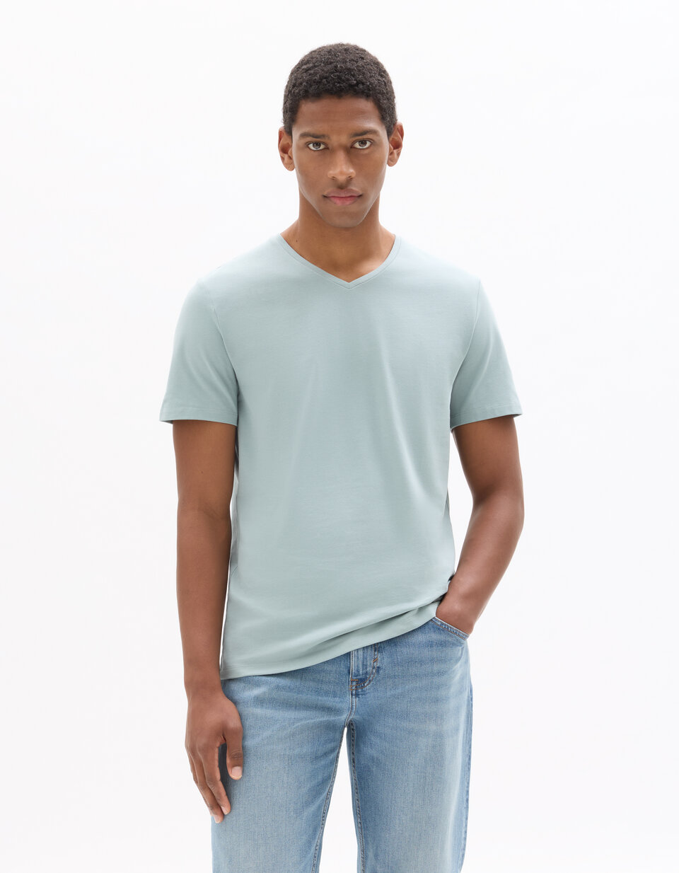 T-Shirt slim col V en coton stretch - bleu | celio be normal