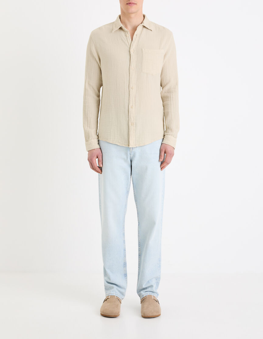 Camisa Regular Lisa En Gasa De Algodón Beige Celio Be Normal