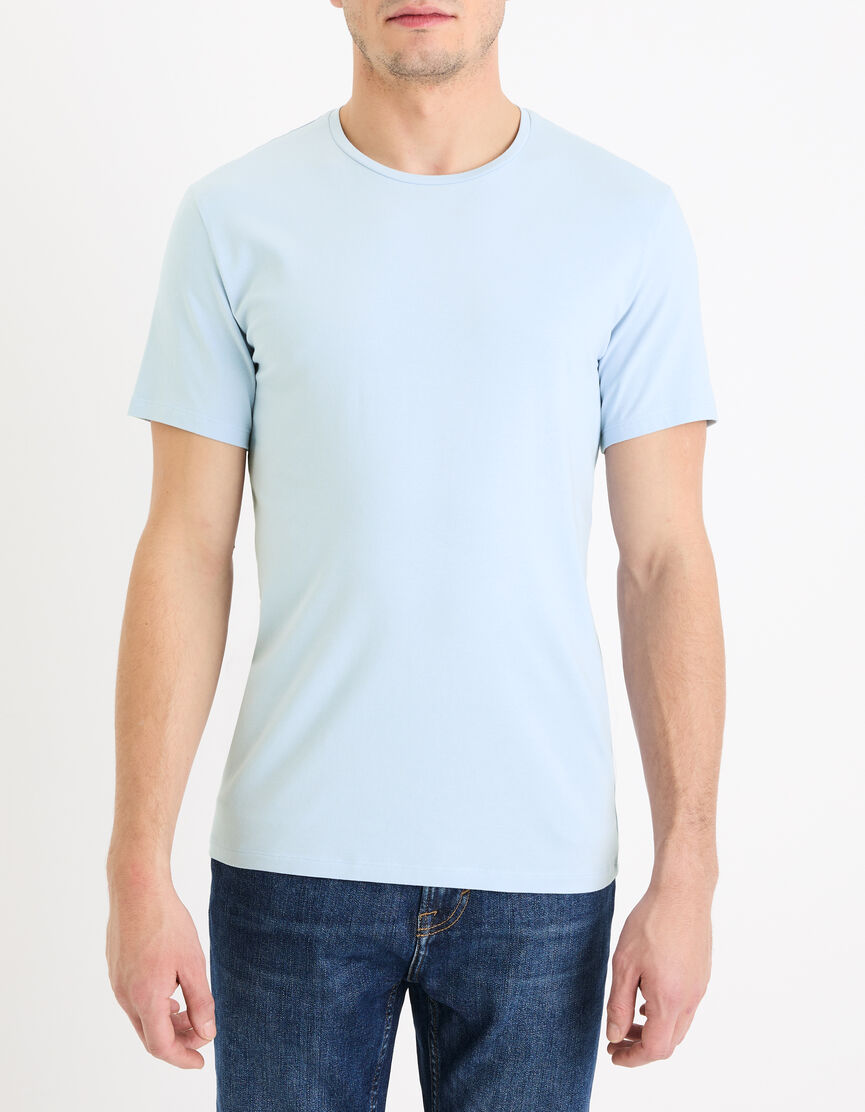Camiseta Ajustada De Cuello Redondo En Algodón Elástico Azul Claro