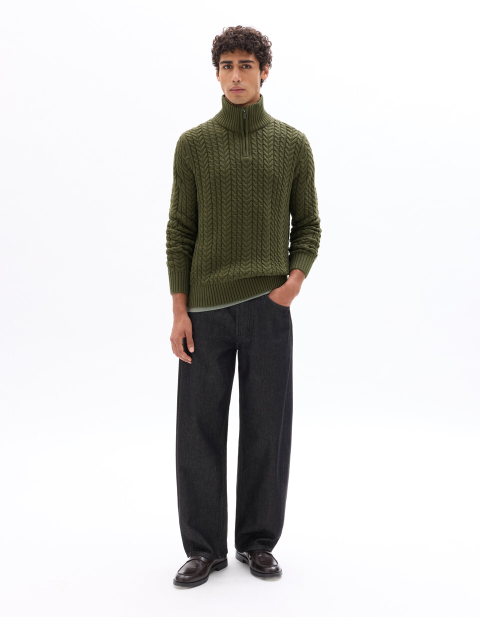 Pull torsadé col montant doublé sherpa - kaki | celio