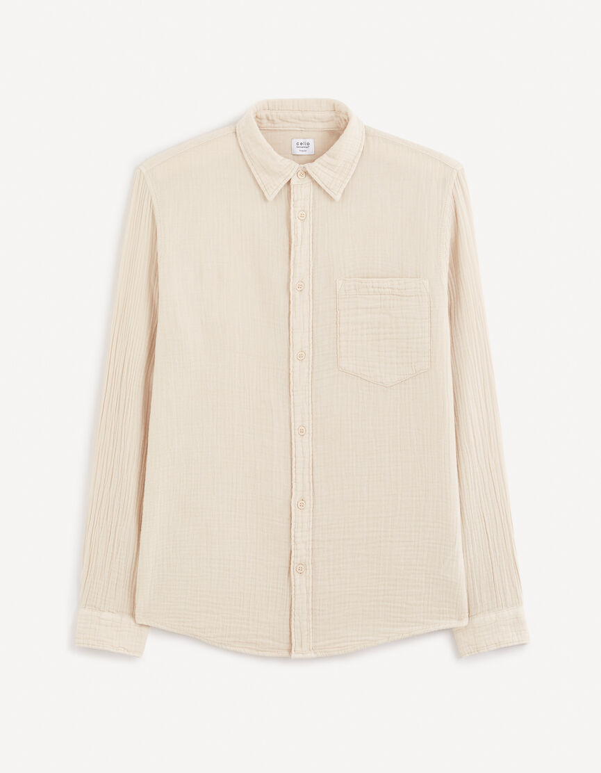 Camisa Regular Lisa En Gasa De Algodón Beige Celio Be Normal