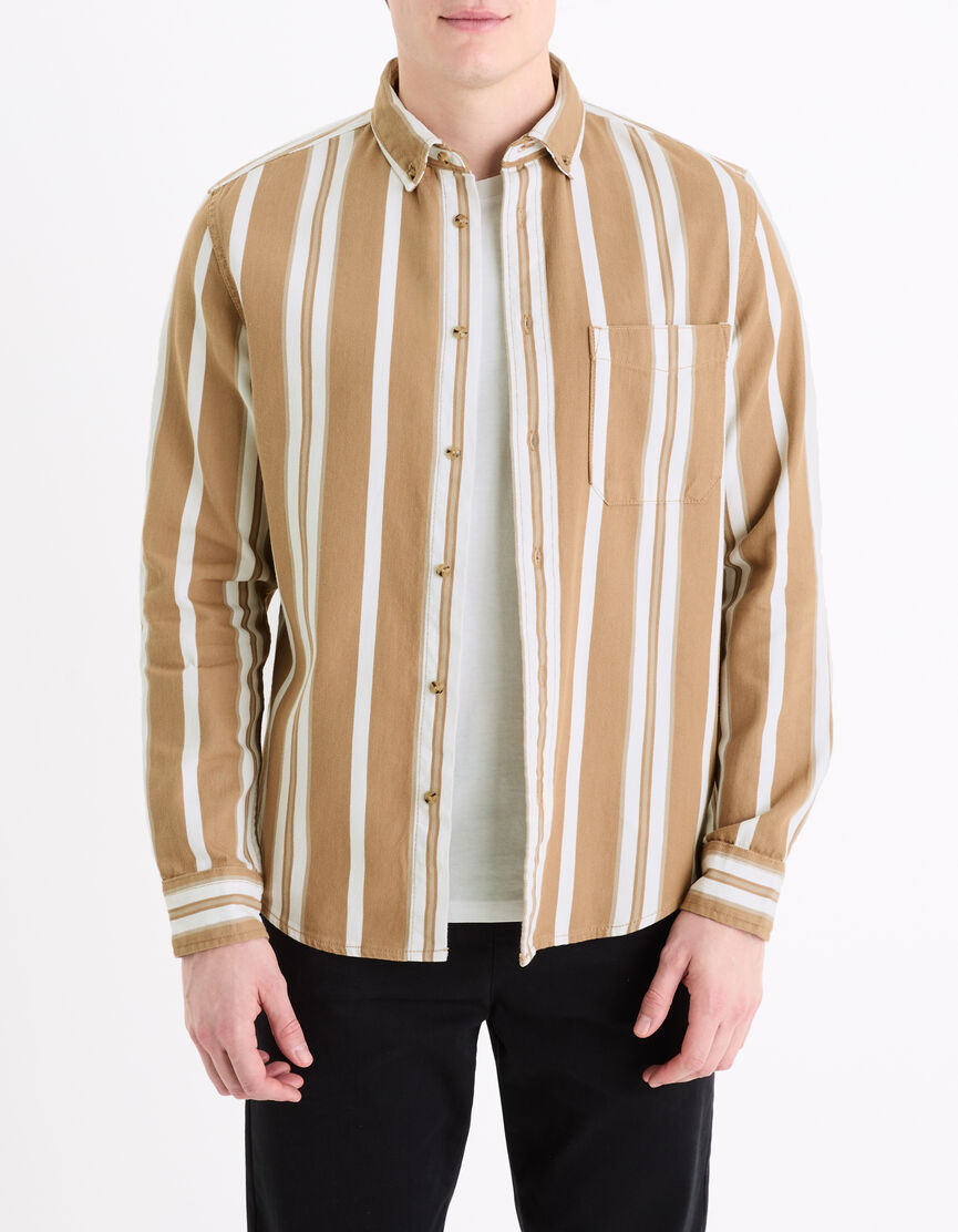 Camisa Regular De Rayas En Algodón Marrón Celio Be Normal