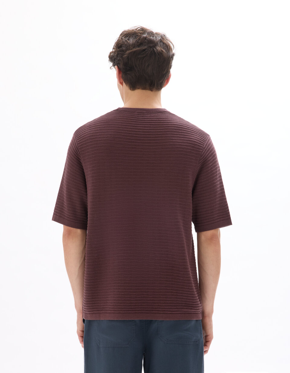 Boxy round-neck open-knit T-shirt - berry | celio be normal