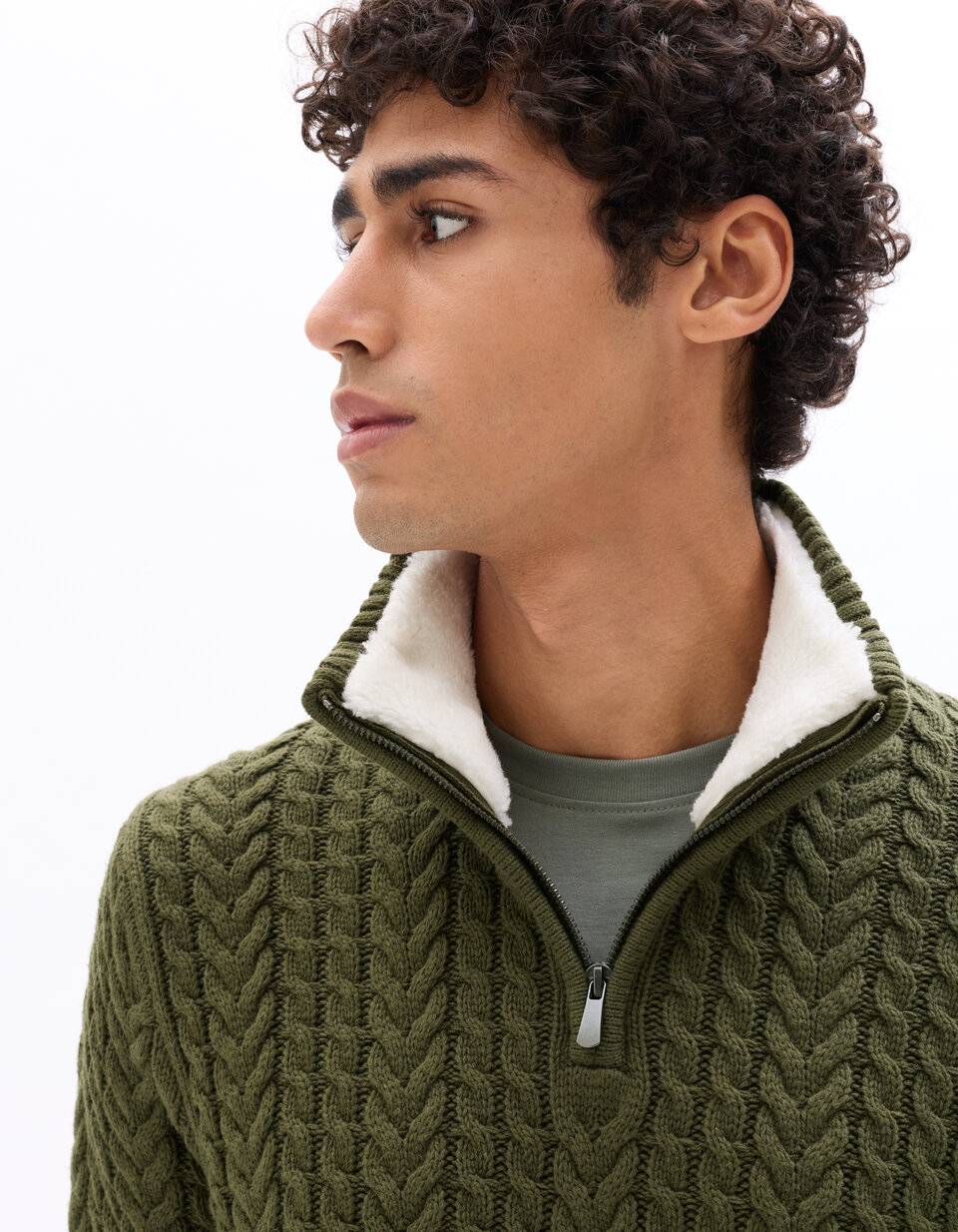Pull torsadé col montant doublé sherpa - kaki | celio
