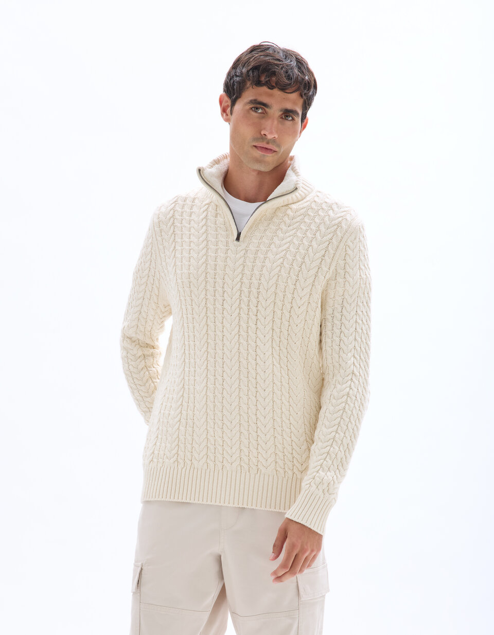 Pull torsadé col montant doublé sherpa - écru | celio