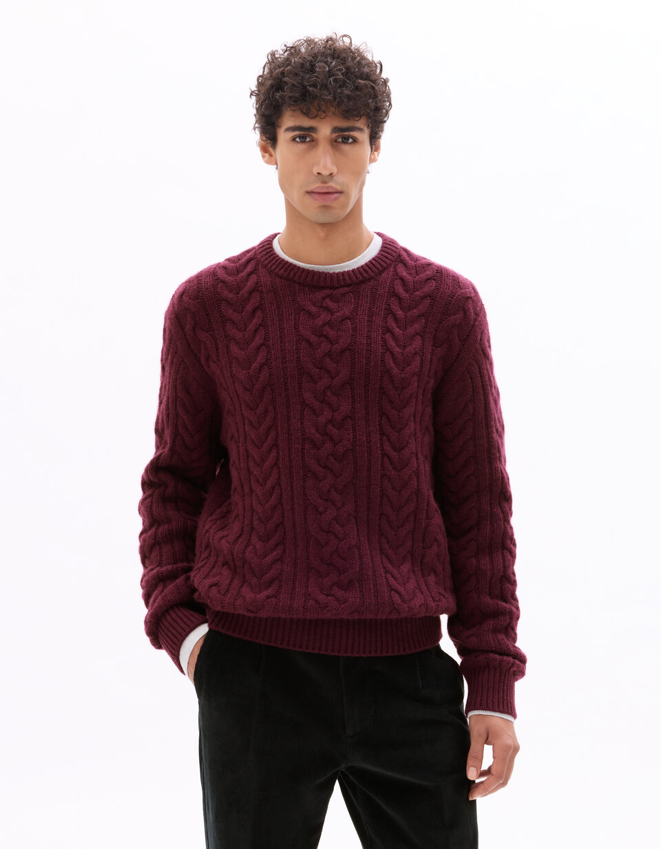 Cable knit crew neck sweater in wool blend - burgundy | celio be normal