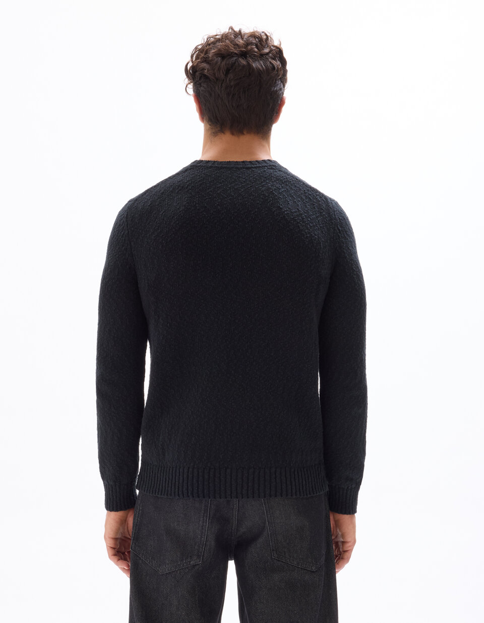Pull col rond en maille flammée 100% coton - noir | celio be normal