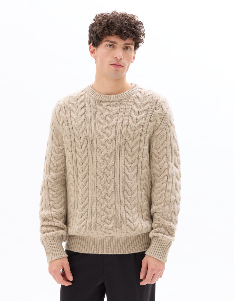 Cable knit crew neck sweater in wool blend - beige | celio be normal