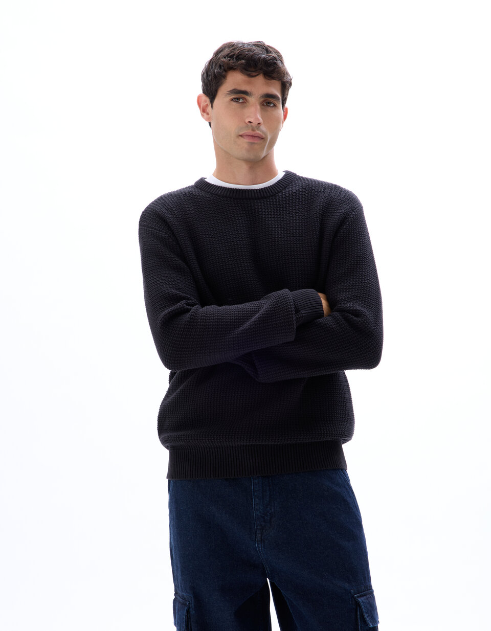 Relaxed crew neck sweater, 100% cotton - black | celio be normal