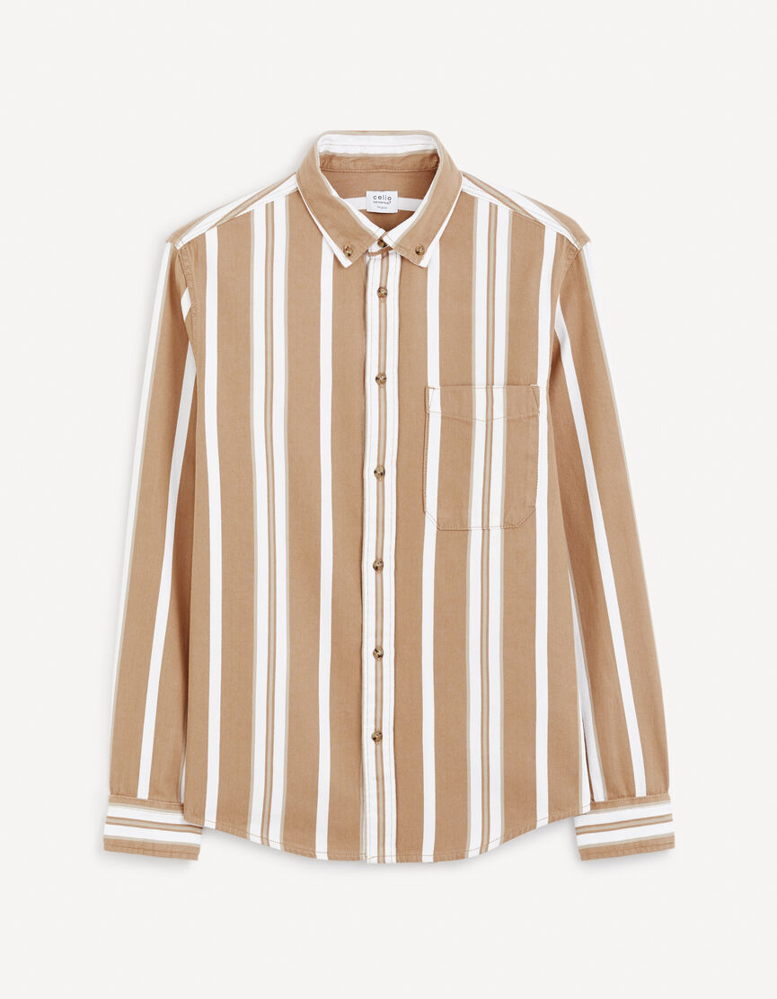 Camisa Regular De Rayas En Algodón Marrón Celio Be Normal