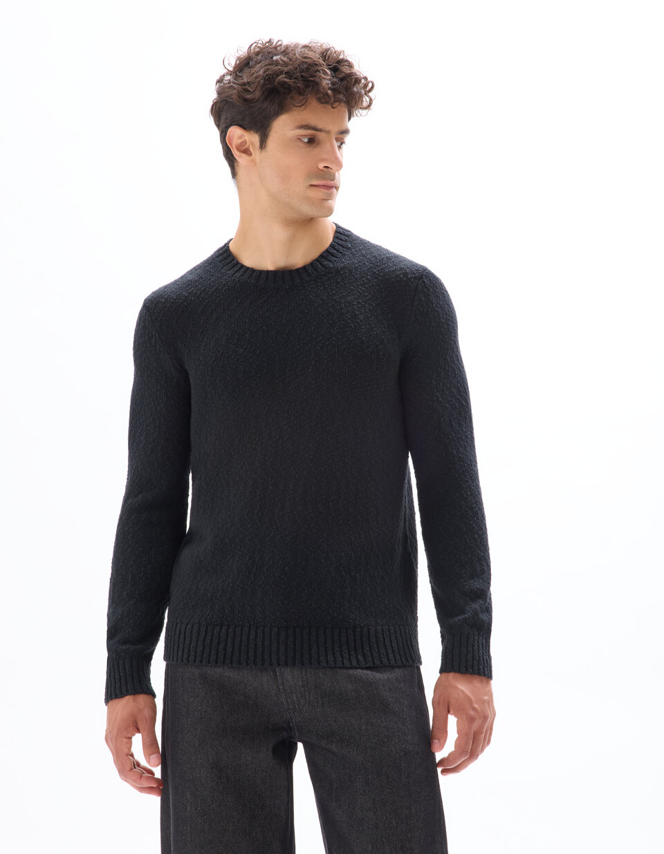 Pull col rond en maille flammée 100% coton - noir | celio be normal