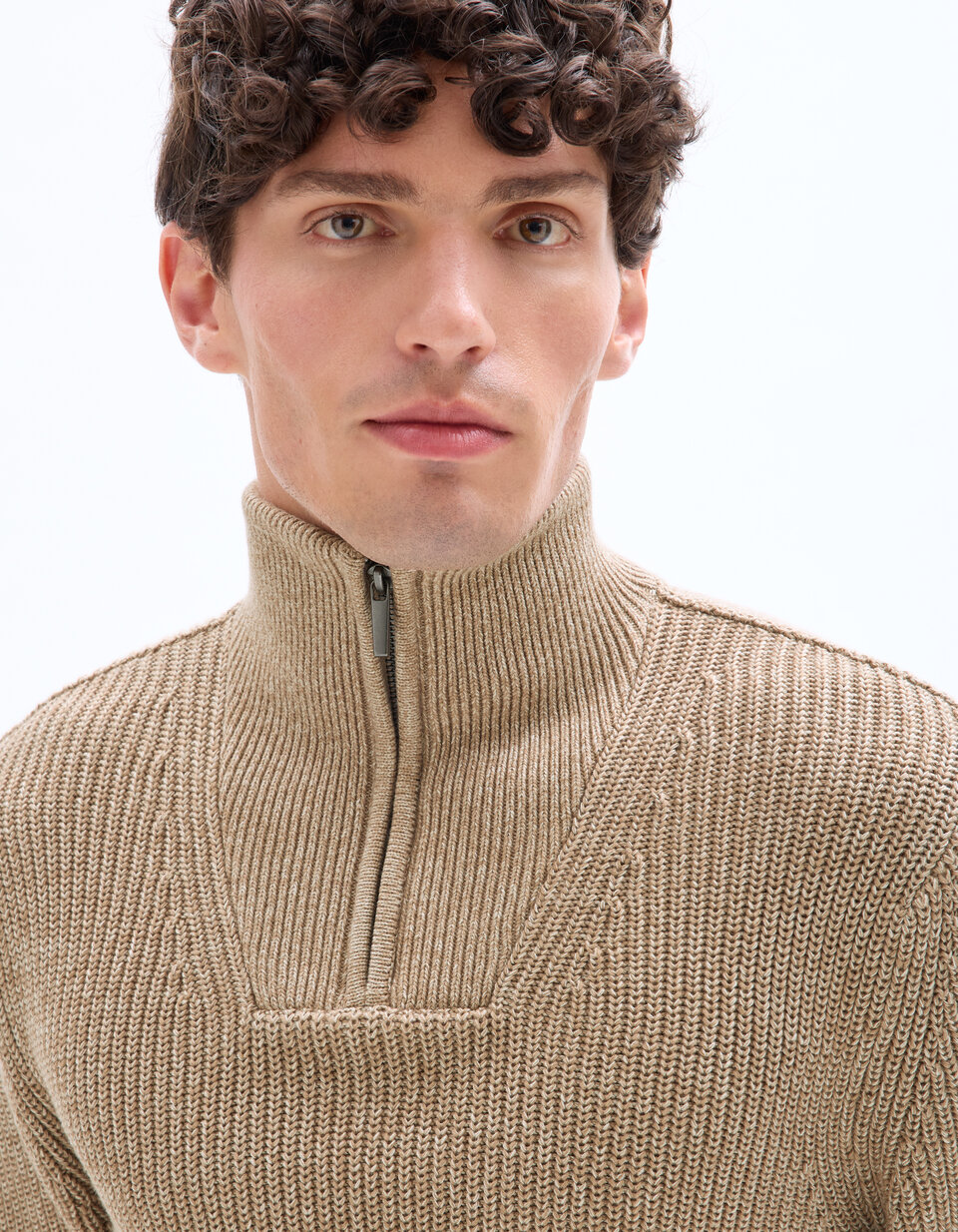 Pull col zippé regular 100% coton - beige | celio
