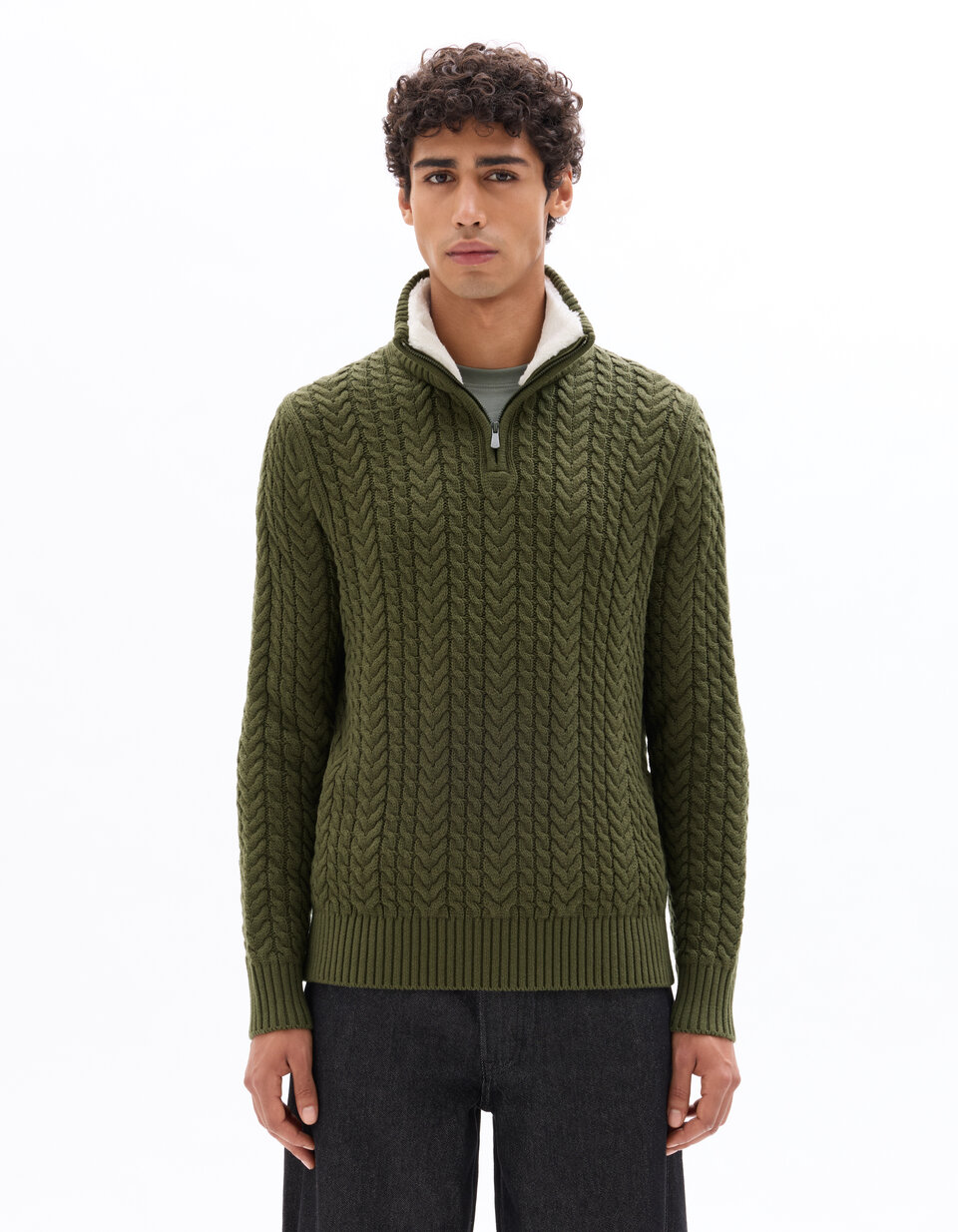 Pull torsadé col montant doublé sherpa - kaki | celio